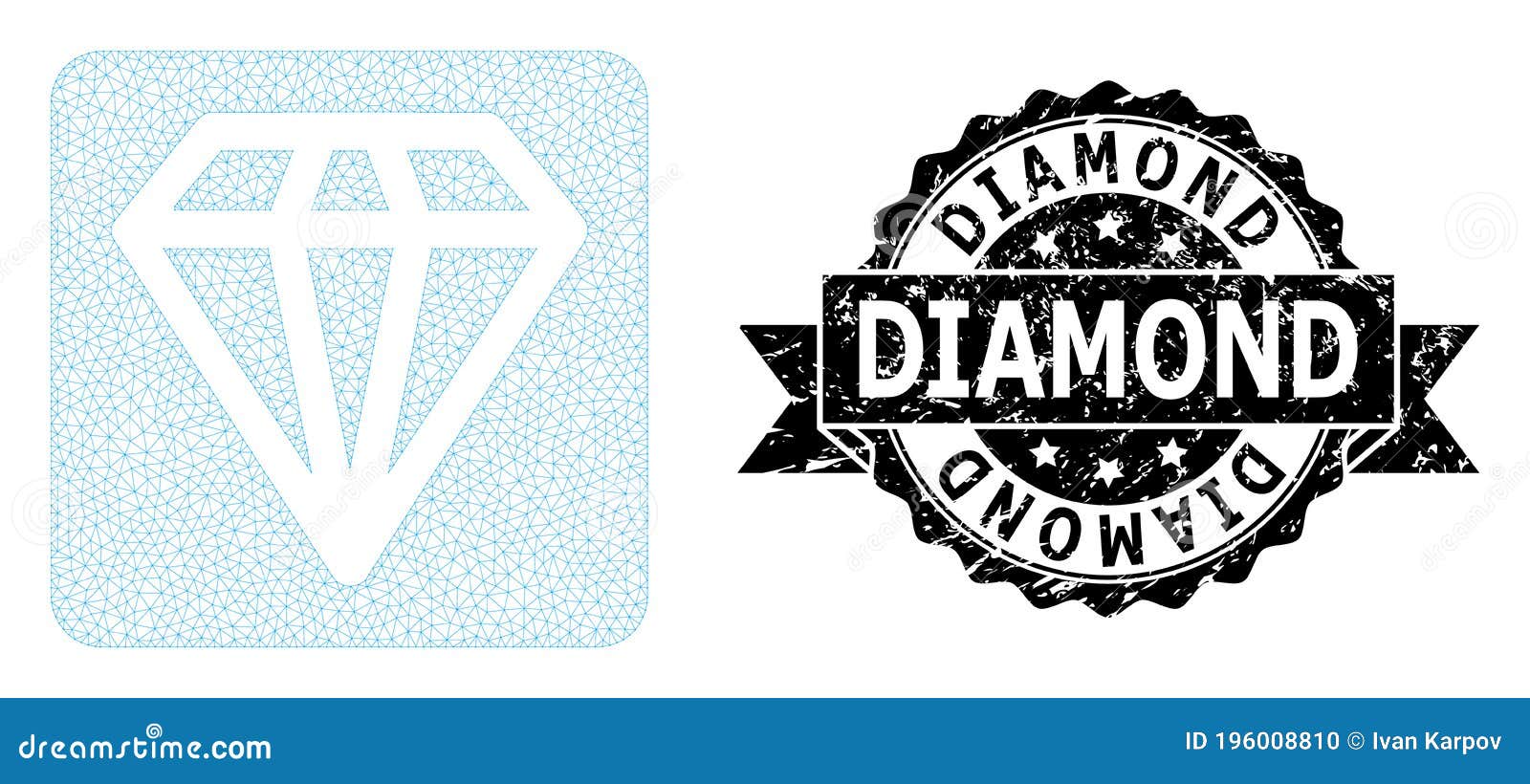 Rubber Diamond Ribbon Stamp and Mesh Wireframe Diamond Stock Vector ...