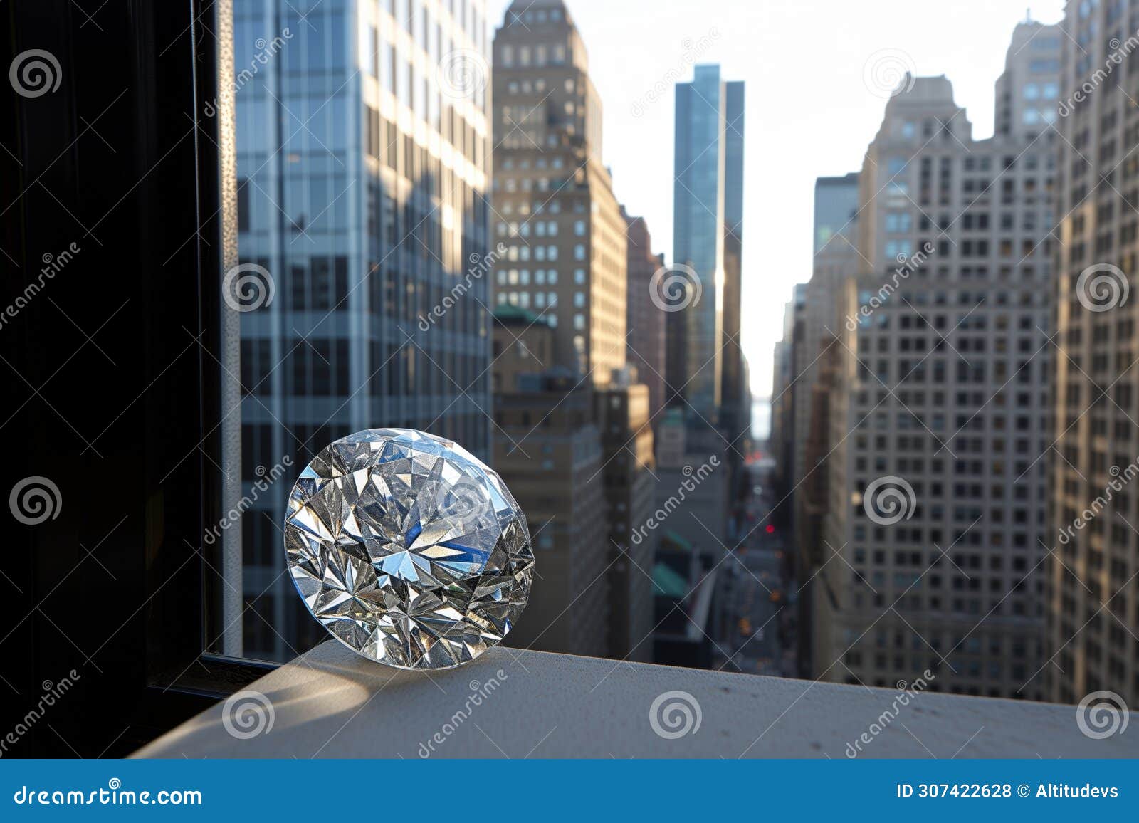 Diamond on the Ledge of an Office Window with Skyscrapers Behind Stock ...