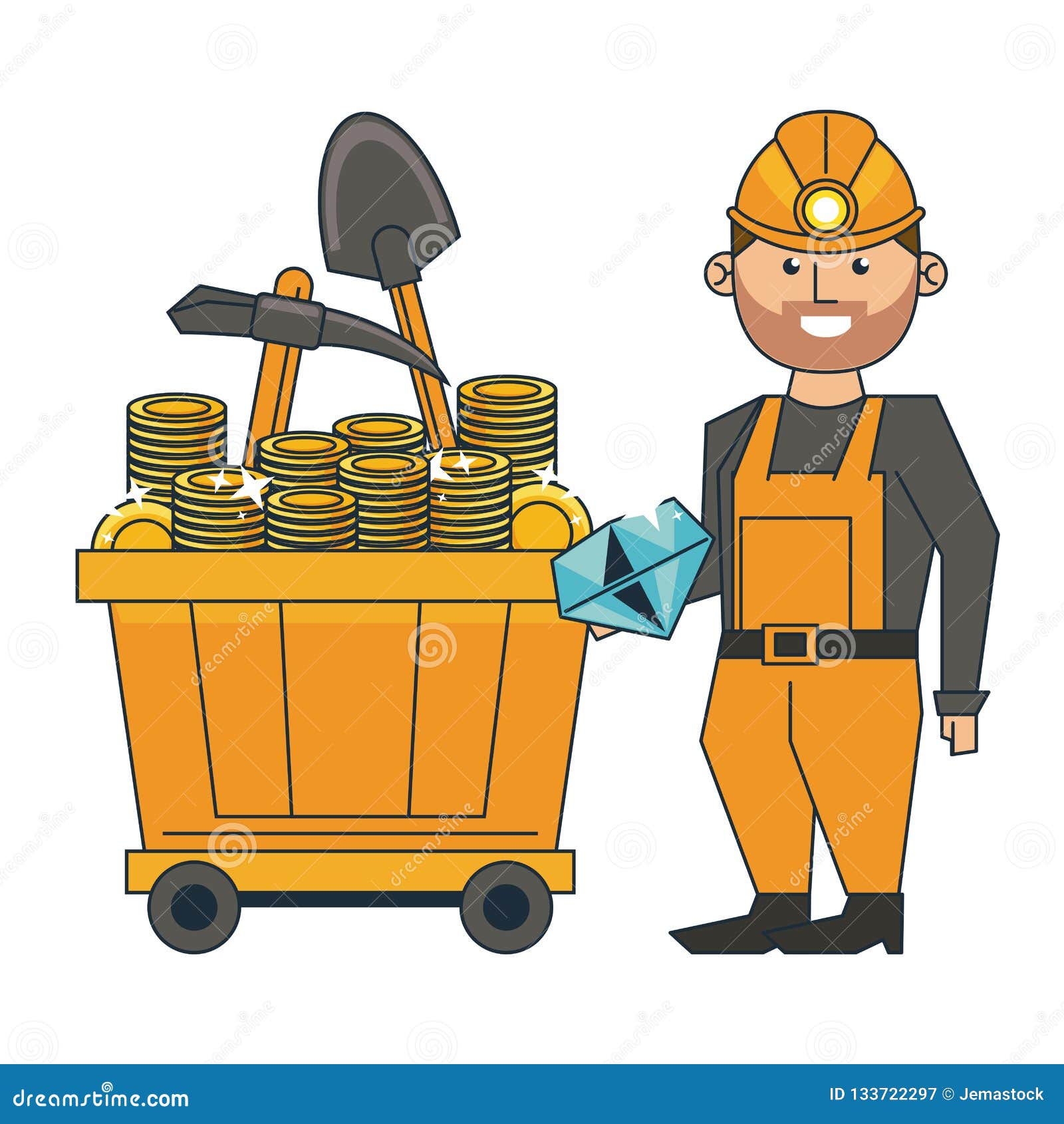 Diamond Mining and Worker with Tools on Wagon Stock Vector ...