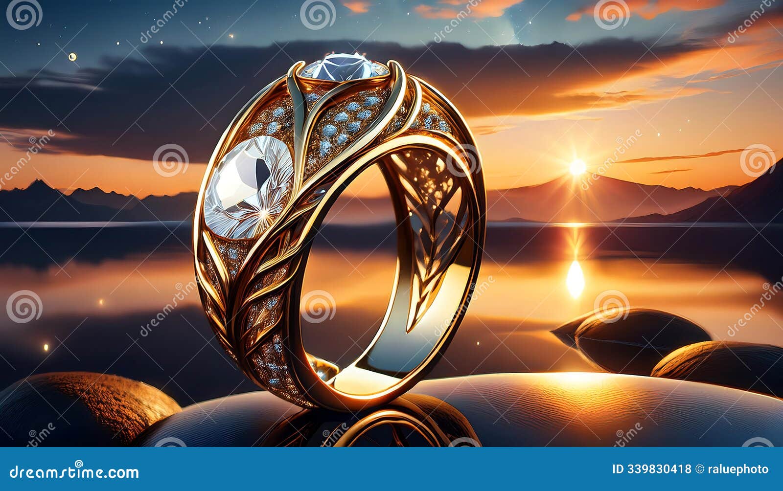 Diamond and the Moon of a Sunset Sky Gold Ring Stock Illustration ...