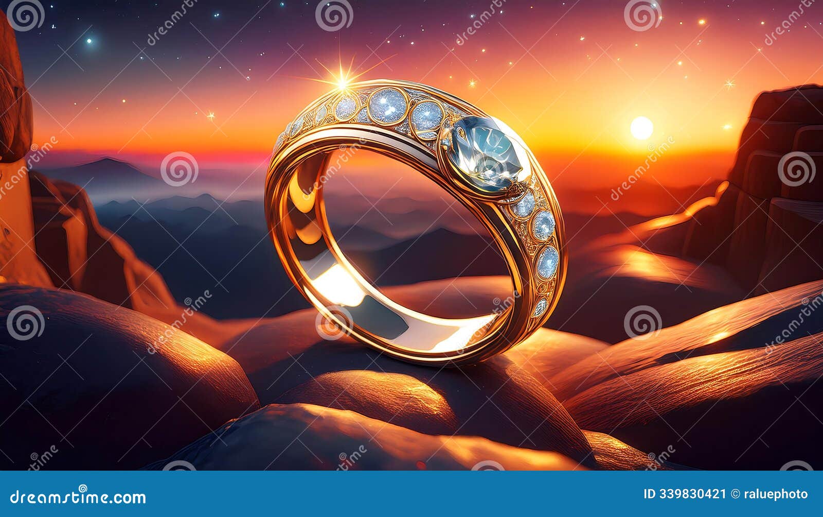Diamond and the Moon of a Sunset Sky Gold Ring Stock Illustration ...