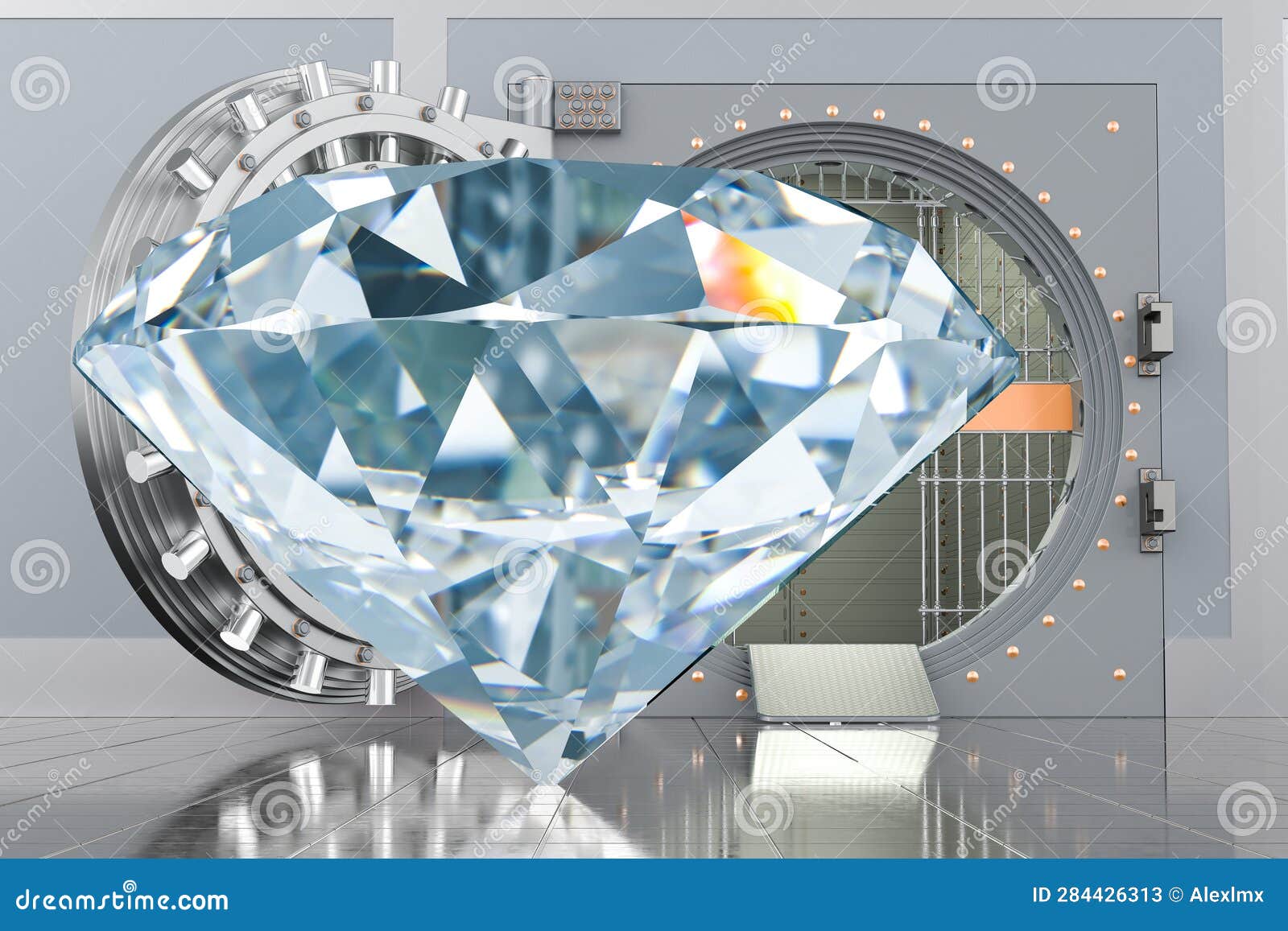 Diamond with Opened Bank Vault, 3D Rendering Stock Illustration ...