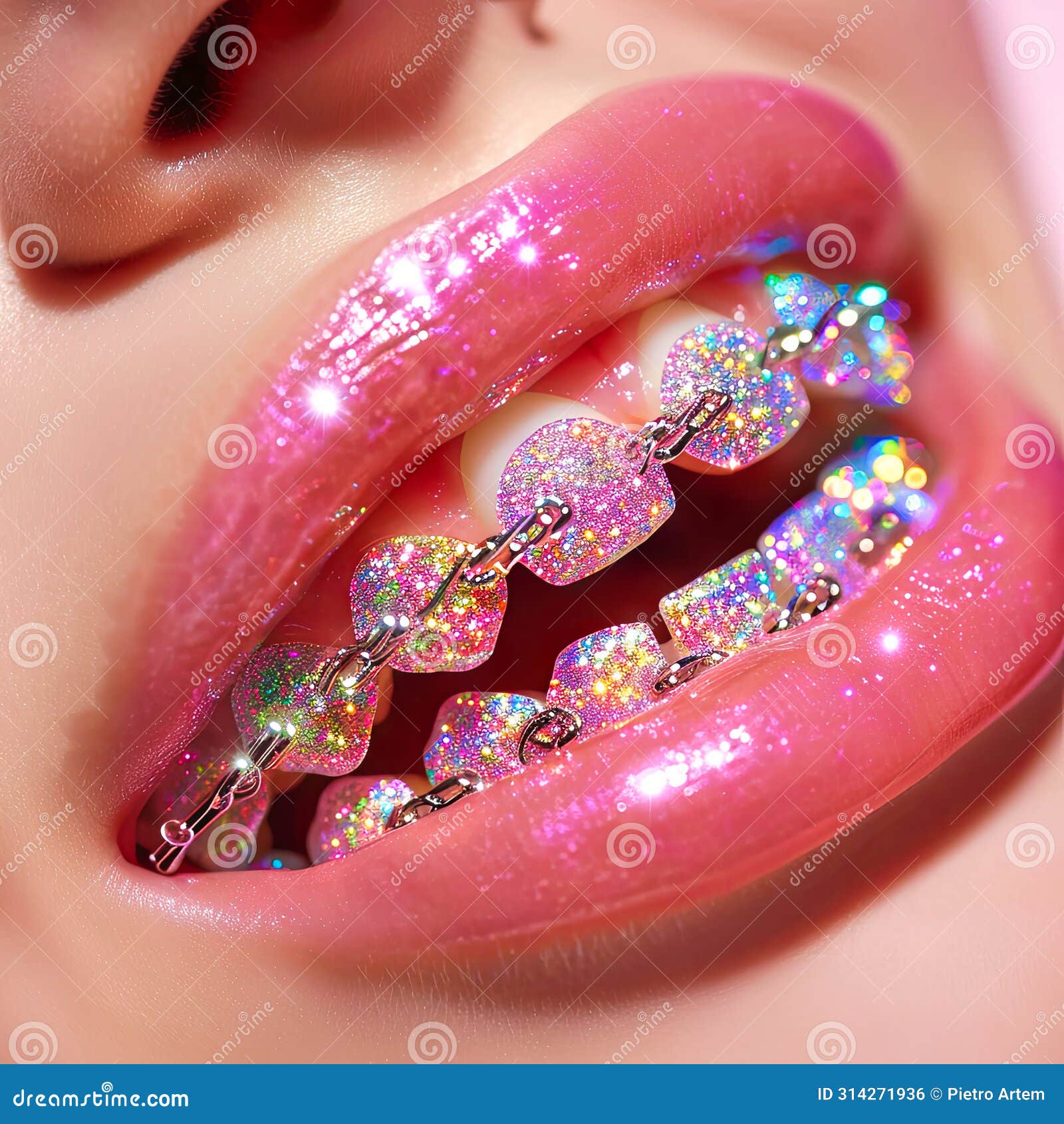 Diamond Rainbow Colorful Braces on Clean Teeth Pink Stock Photo - Image ...