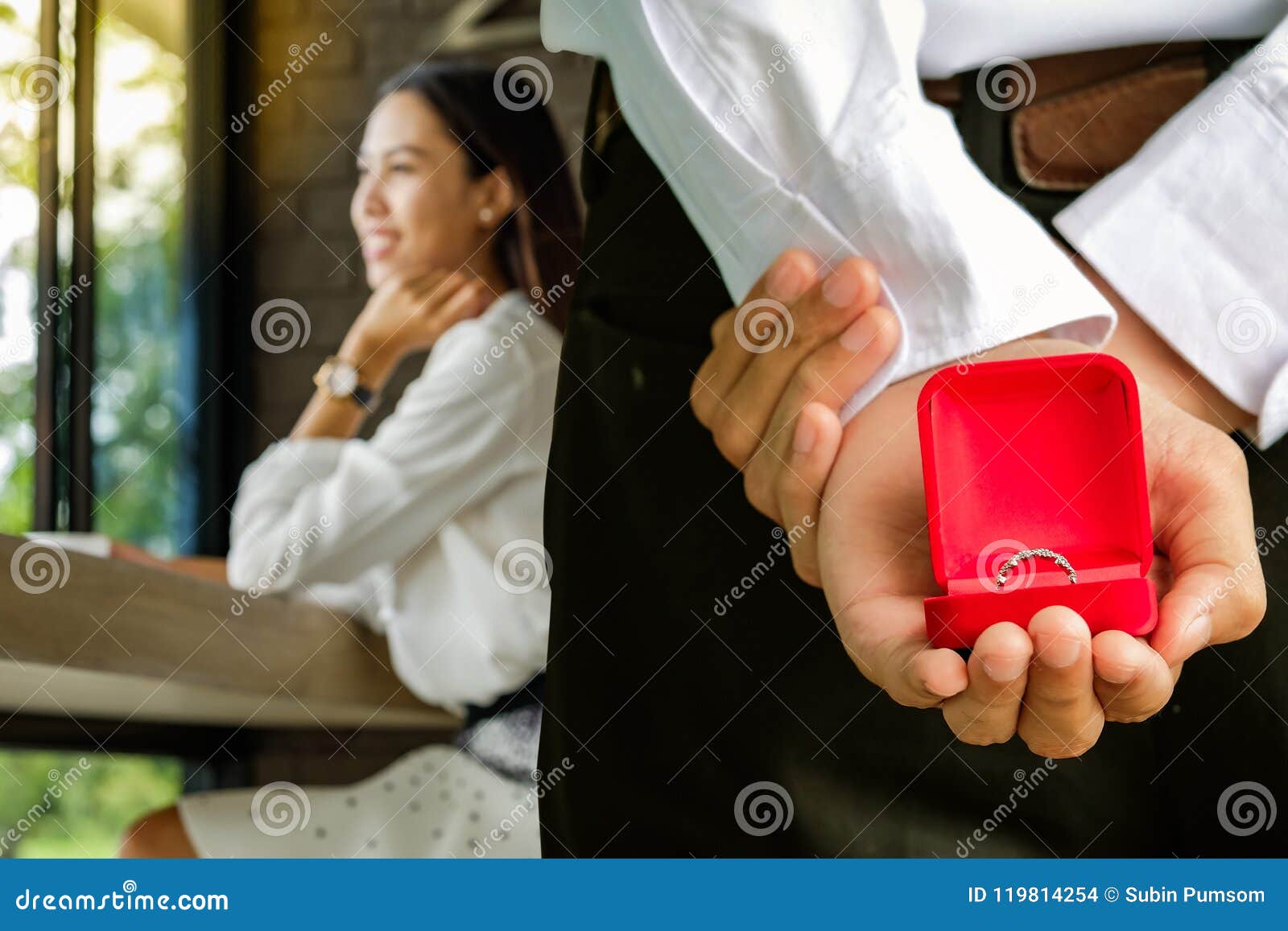 Diamond Ring in Red Box on Hand Couple Stock Photo - Image of proposal ...