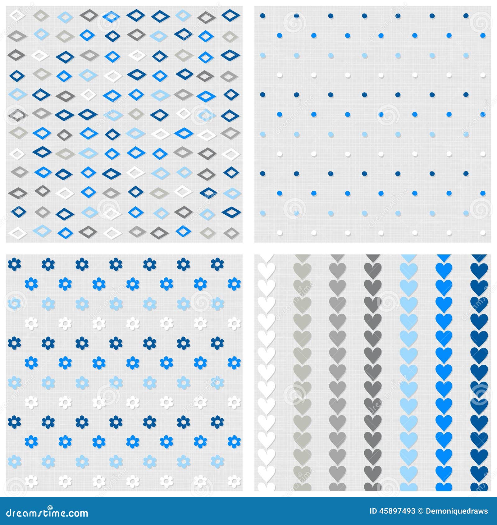 Diamonds Dots Flowers and Hearts Blue Gray Pattern Set Stock Vector ...