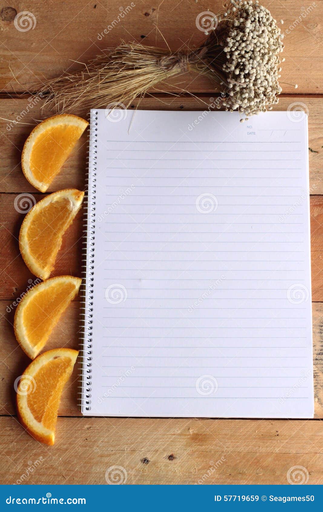 Diary Book with Fruit, Orange Slice on Wooden Background. Stock Image ...