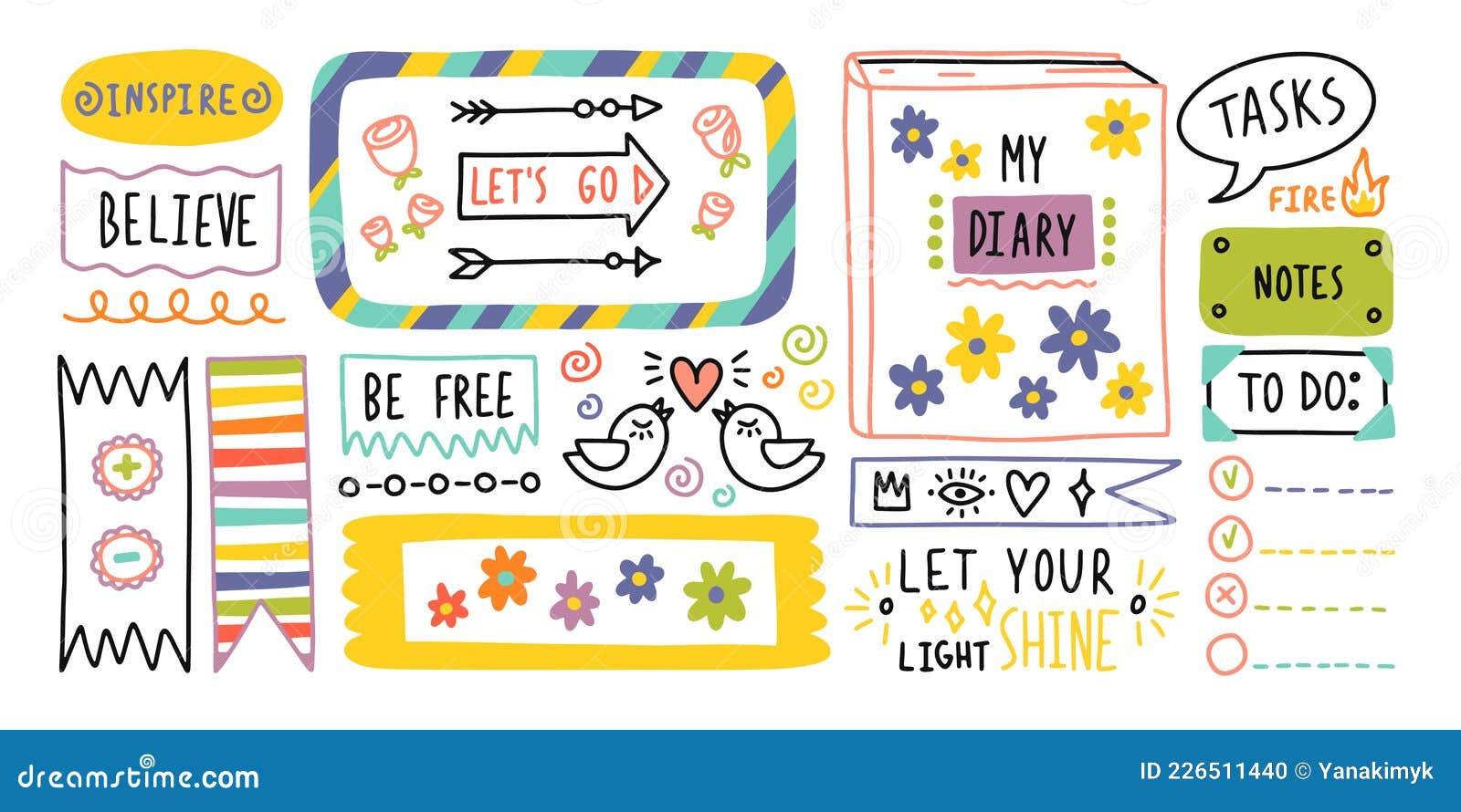 Diary Bullet Cute Journal Border Elements. Note Icon, Sticker for ...