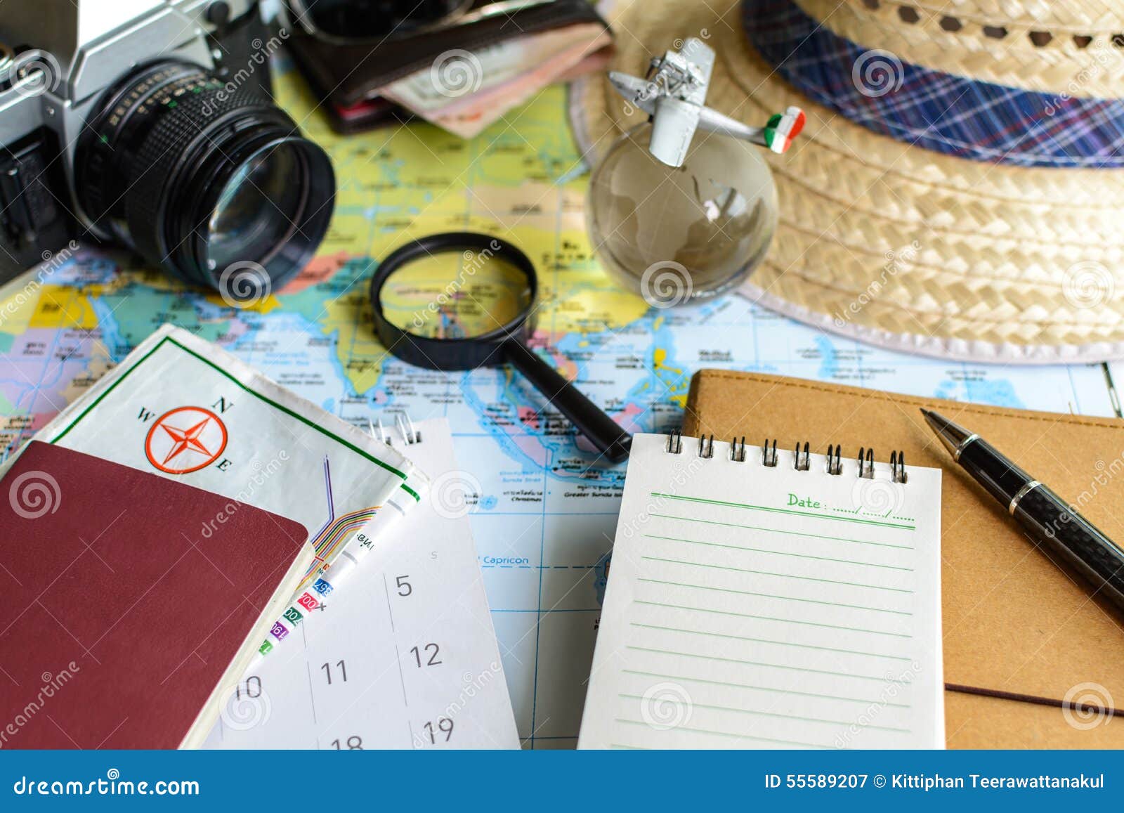 Diary and Calendar with Passport and Map Stock Image - Image of ...