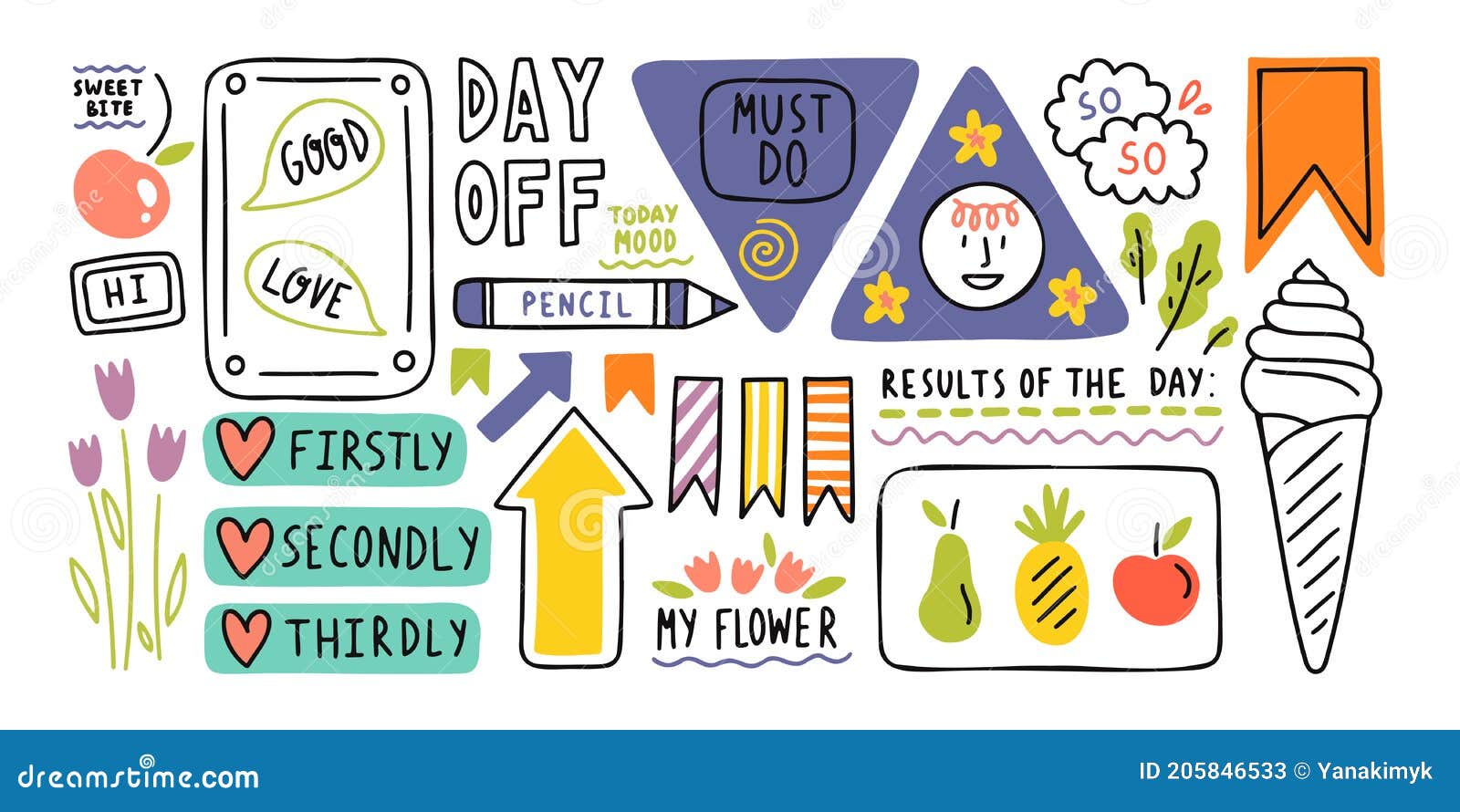 Diary Cute Note Elements. Hand Drawn Doodles Bullet Journal Banners ...