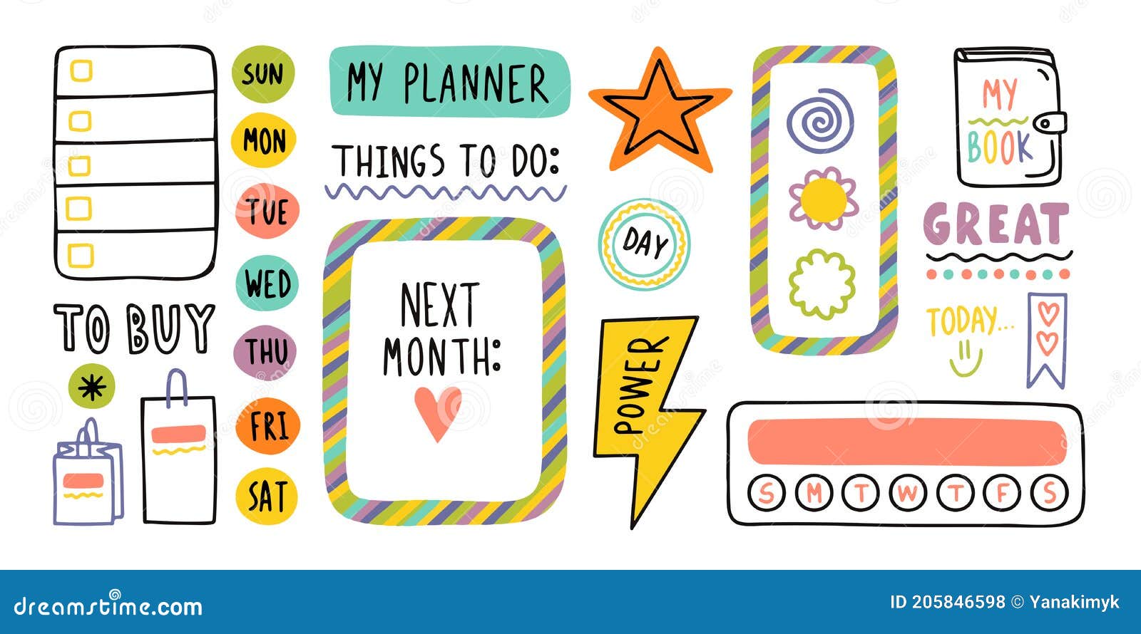 Diary Cute Note Elements. Hand Drawn Doodles Bullet Journal Banners ...