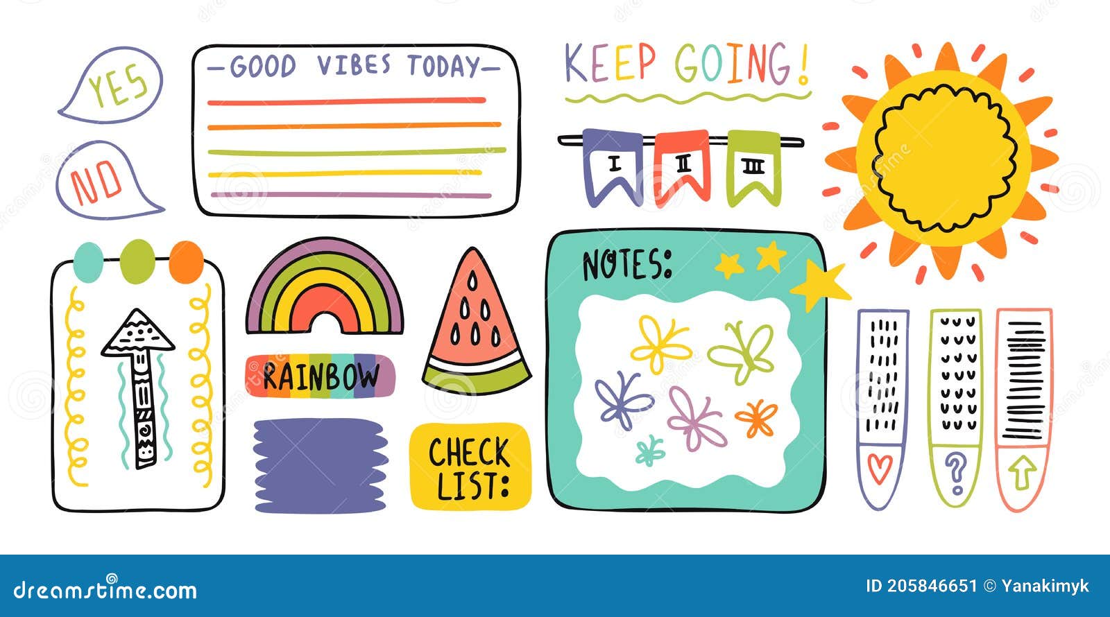 Diary Cute Note Elements. Hand Drawn Doodles Bullet Journal Banners ...
