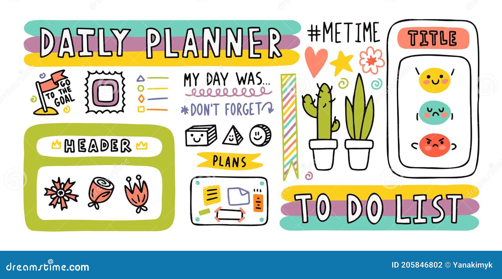 Diary Cute Note Elements. Hand Drawn Doodles Bullet Journal Banners ...