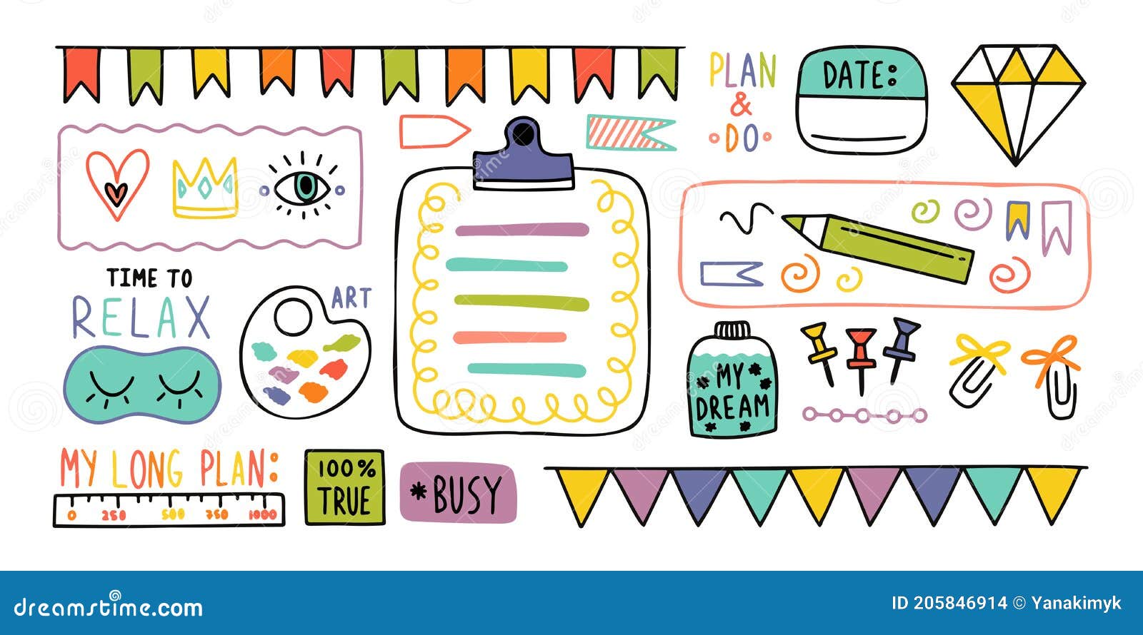 Diary Cute Note Elements. Hand Drawn Doodles Bullet Journal Banners ...