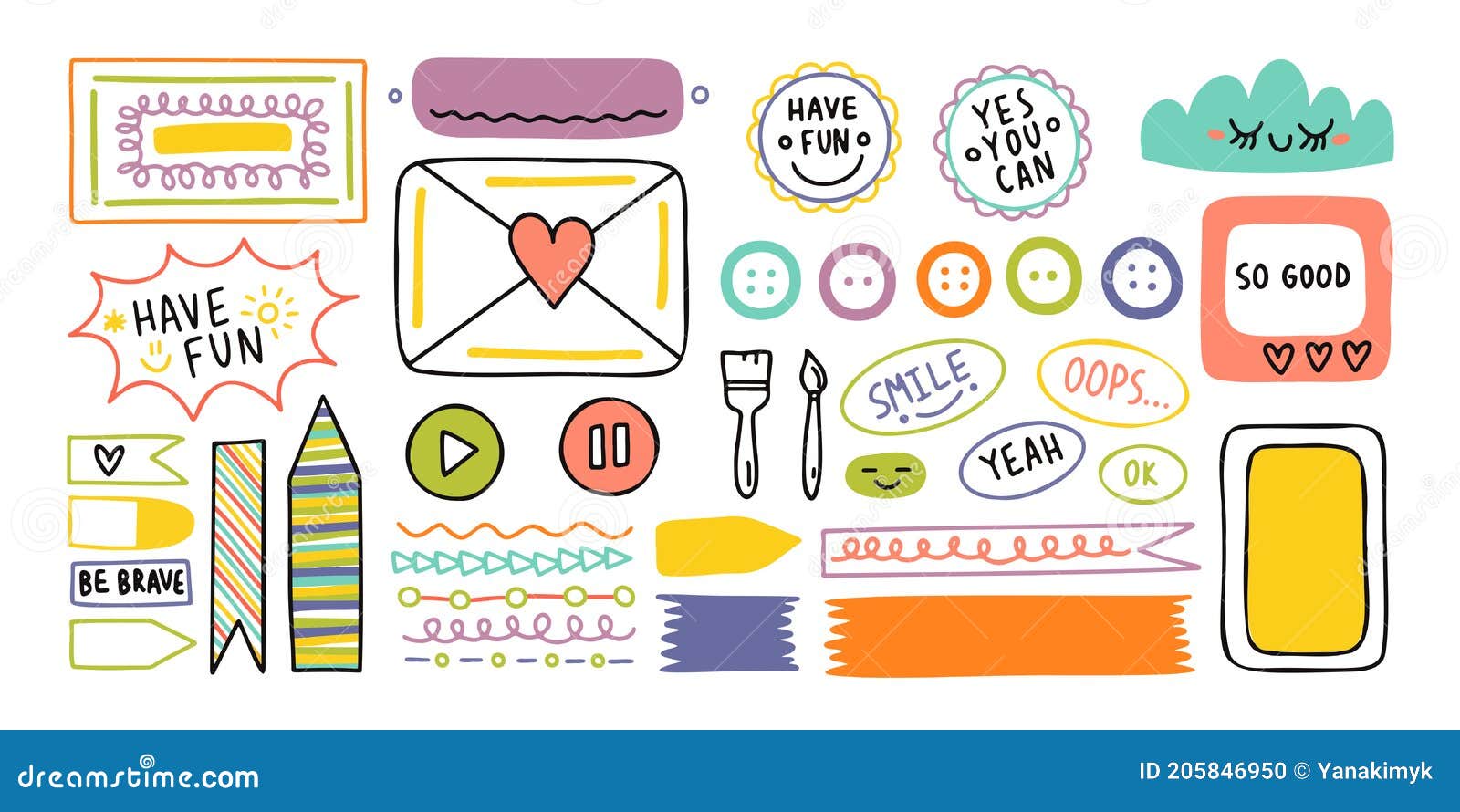 Diary Cute Note Elements. Hand Drawn Doodles Bullet Journal Banners ...