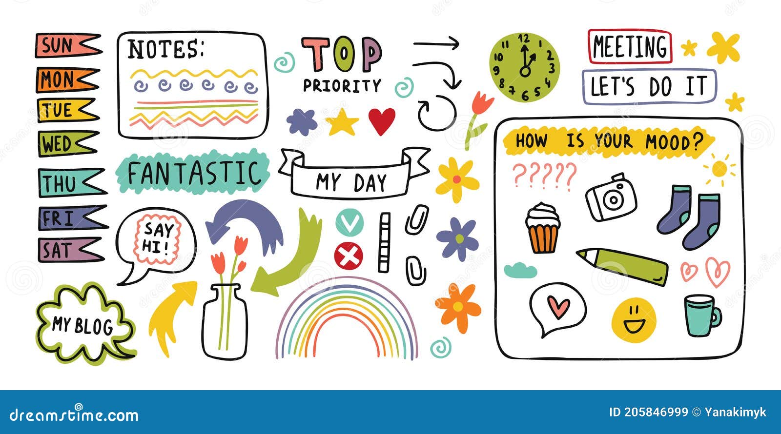 Diary Cute Note Elements. Hand Drawn Doodles Bullet Journal Banners ...