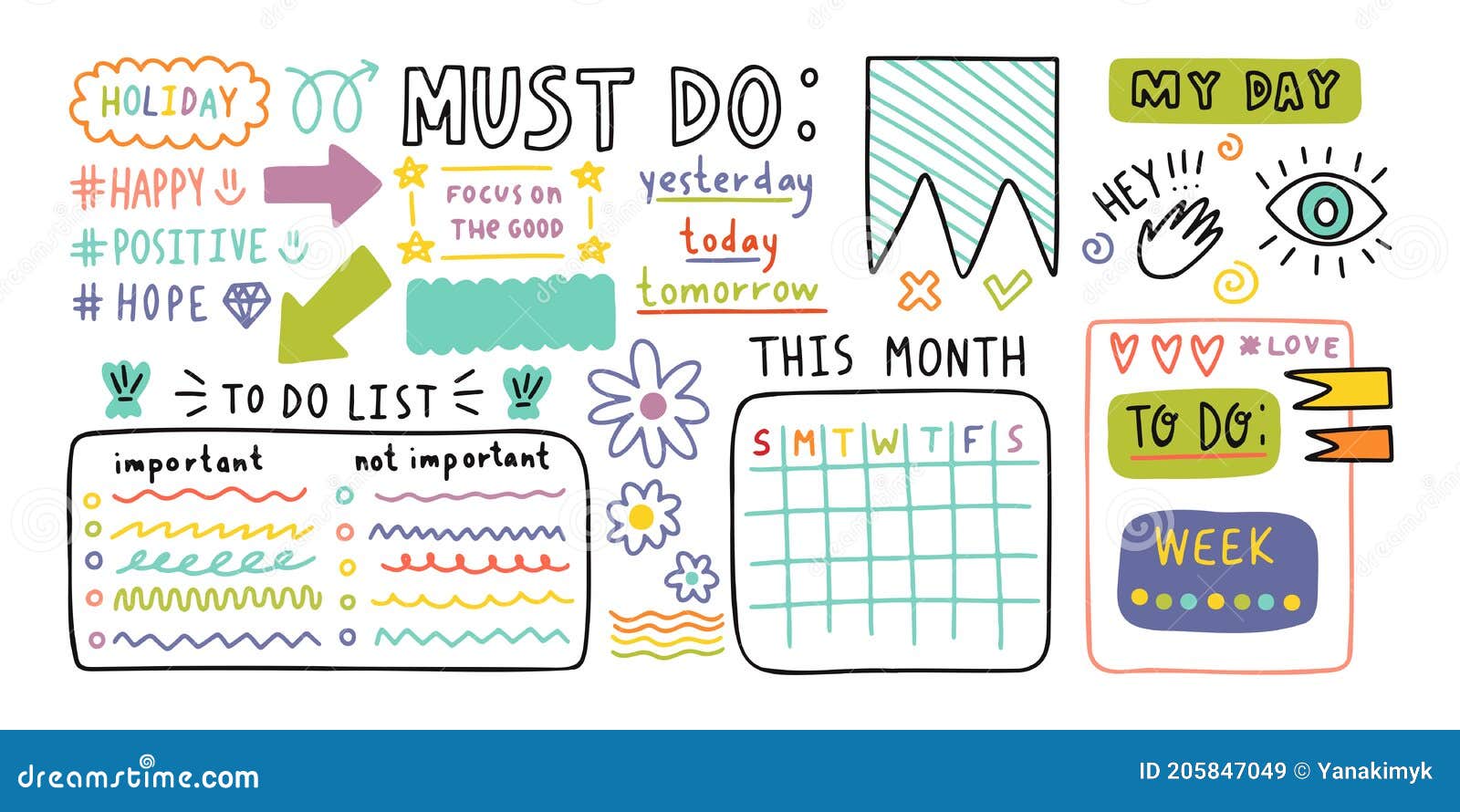Diary Cute Note Elements. Hand Drawn Doodles Bullet Journal Banners ...