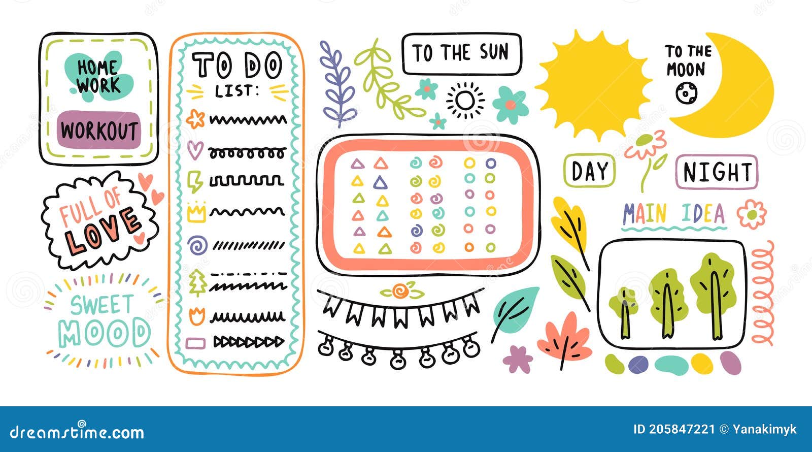 Diary Cute Note Elements. Hand Drawn Doodles Bullet Journal Banners ...