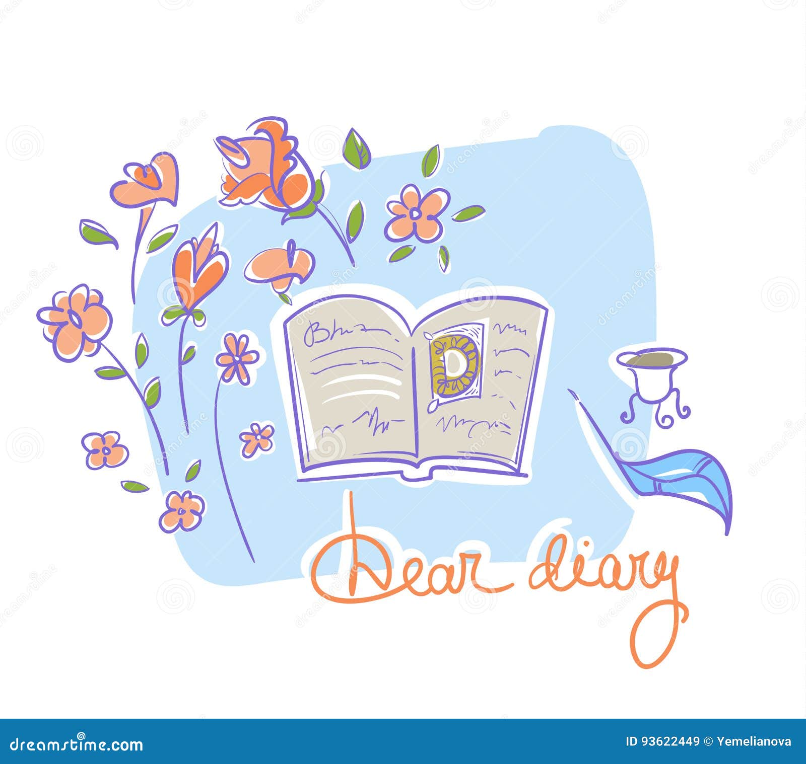 Diary of a Girl Lying on the Table with Roses Around it. Line Ar Stock ...