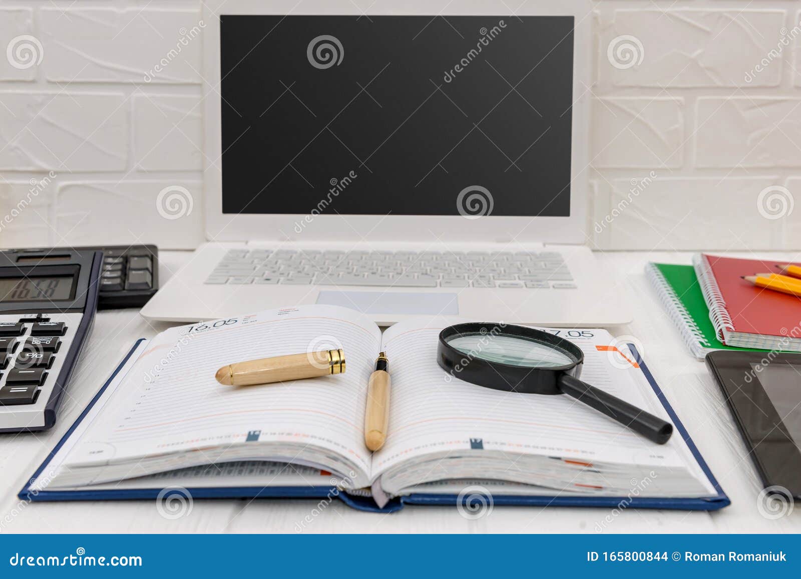 Diary with Laptop on Desk, Workplace Concept Stock Photo - Image of ...