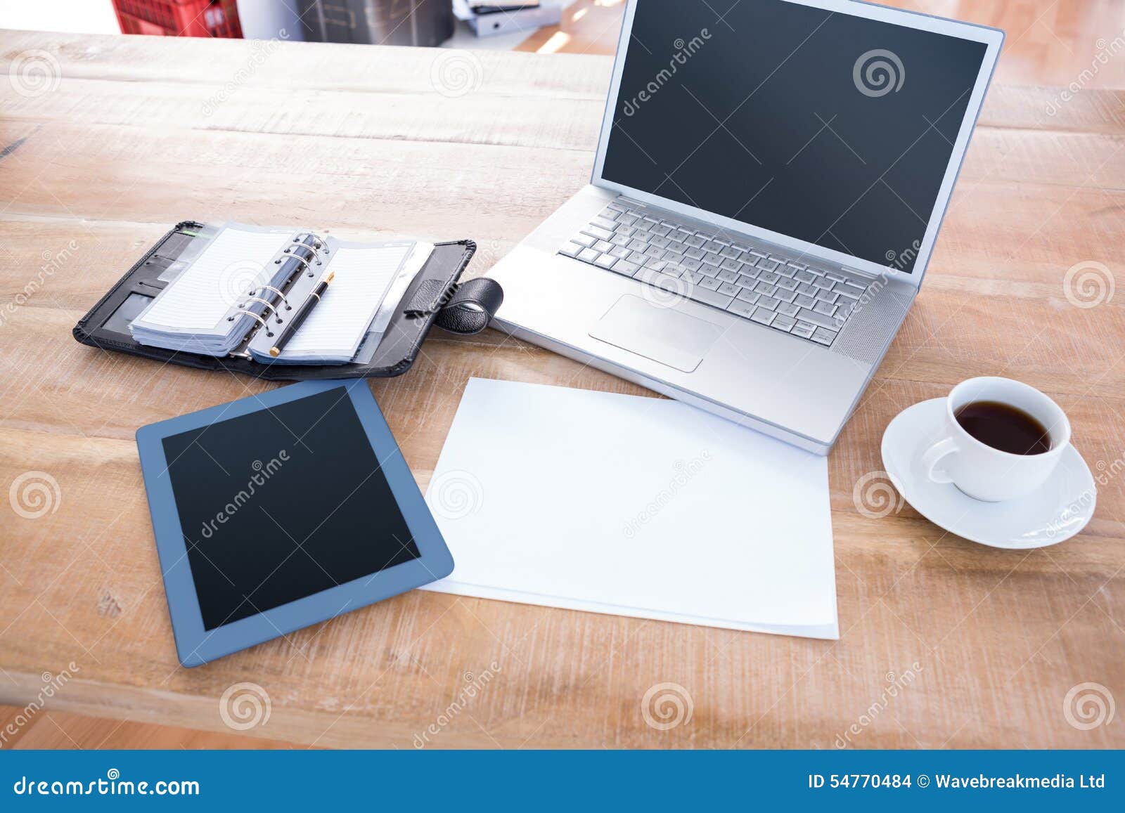 Diary with Laptop and Tablet on a Desk Stock Photo - Image of drinking ...