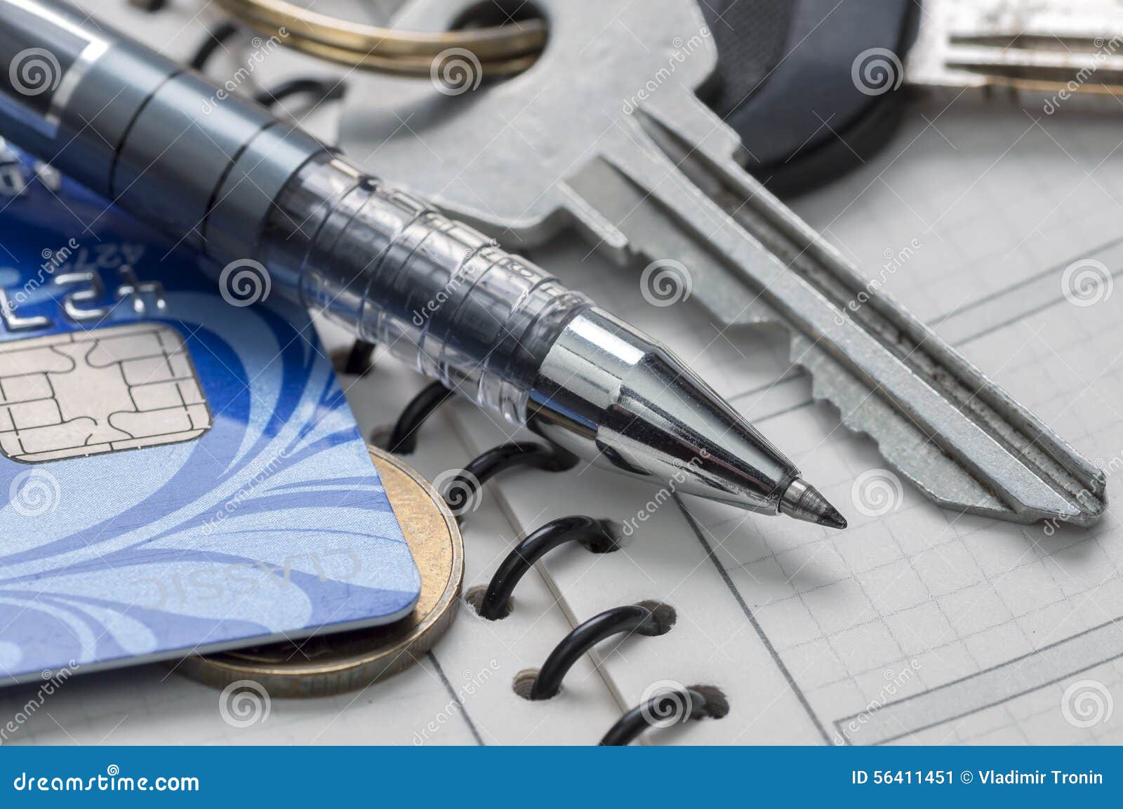 Diary, Pen, Credit Card, Coin and Keys Stock Image - Image of finance ...