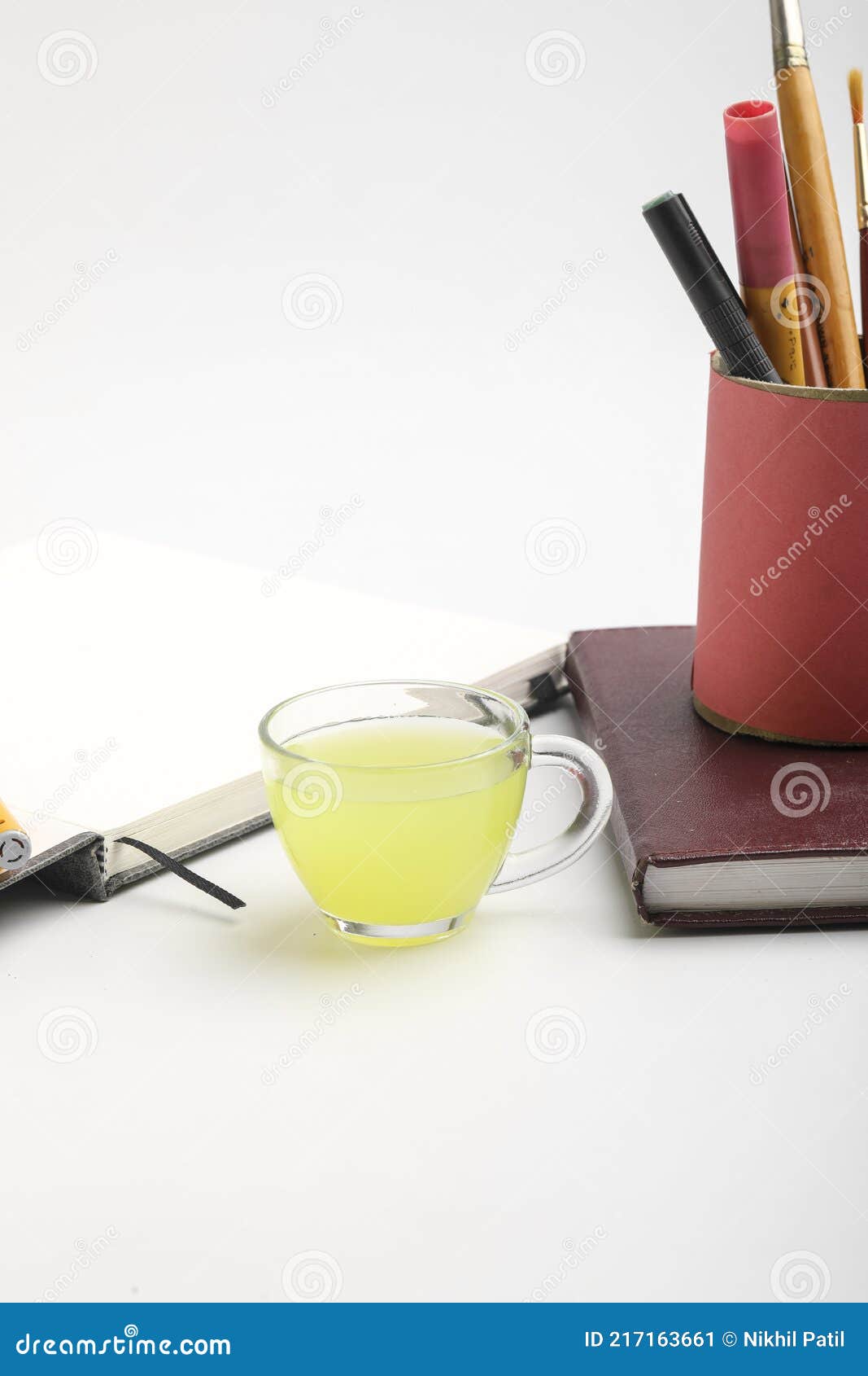 Diary and Pen with Cup of Green Tea. Work from Home Concept Stock Image ...