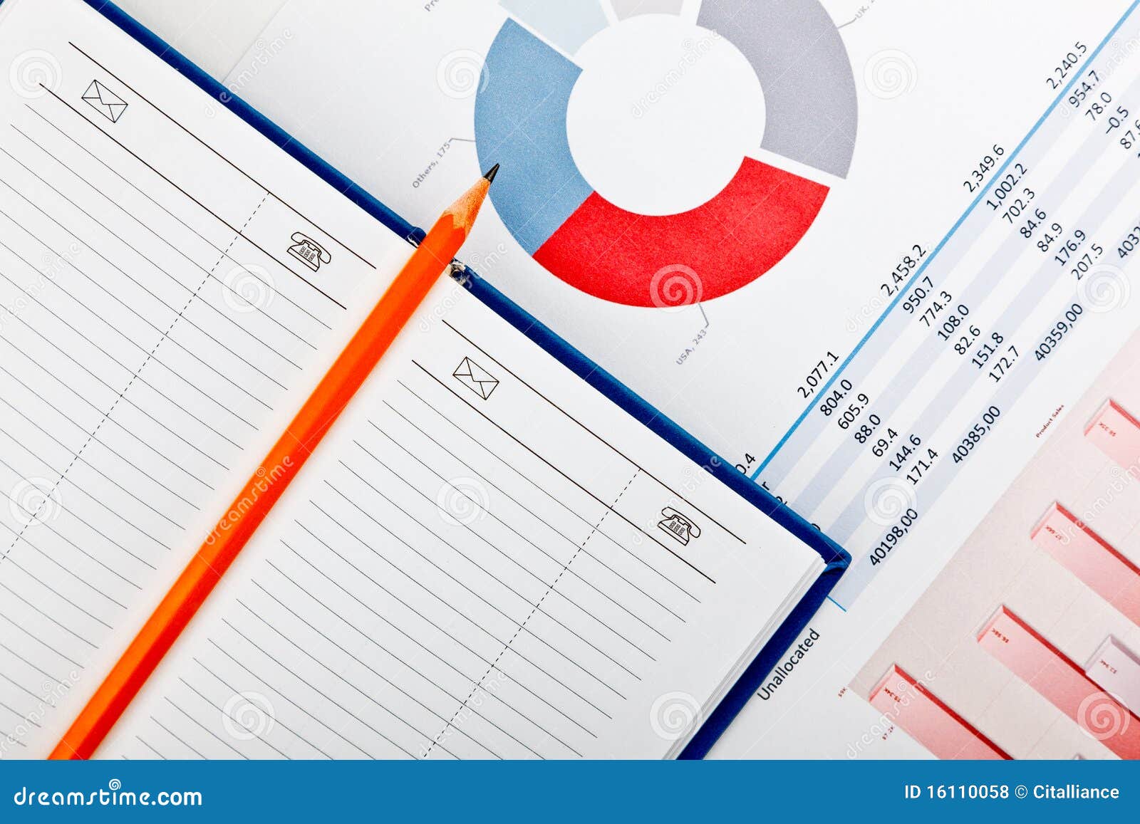 Diary, Pencil and Financial Documents with Charts Stock Photo - Image ...