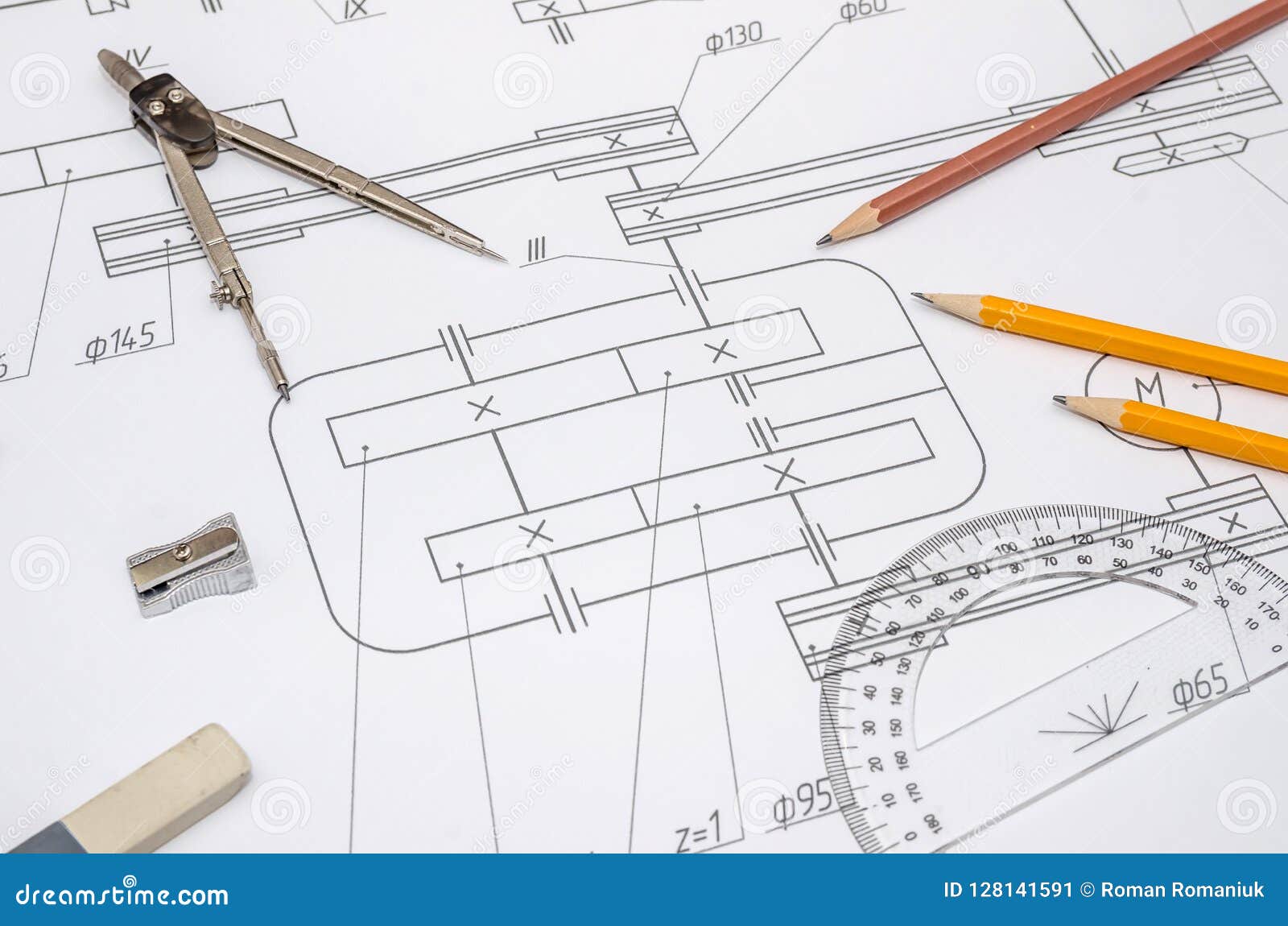 Dibujo De Ingeniería Con Las Herramientas Imagen de archivo - Imagen de ...