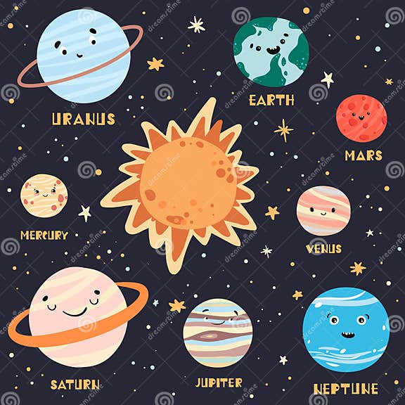 Dibujos Animados Bonitos Objetos Del Sistema Solar. Universo Divertido ... Dibujos Animados Bonitos Objetos Del Sistema Solar. Universo Divertido ...