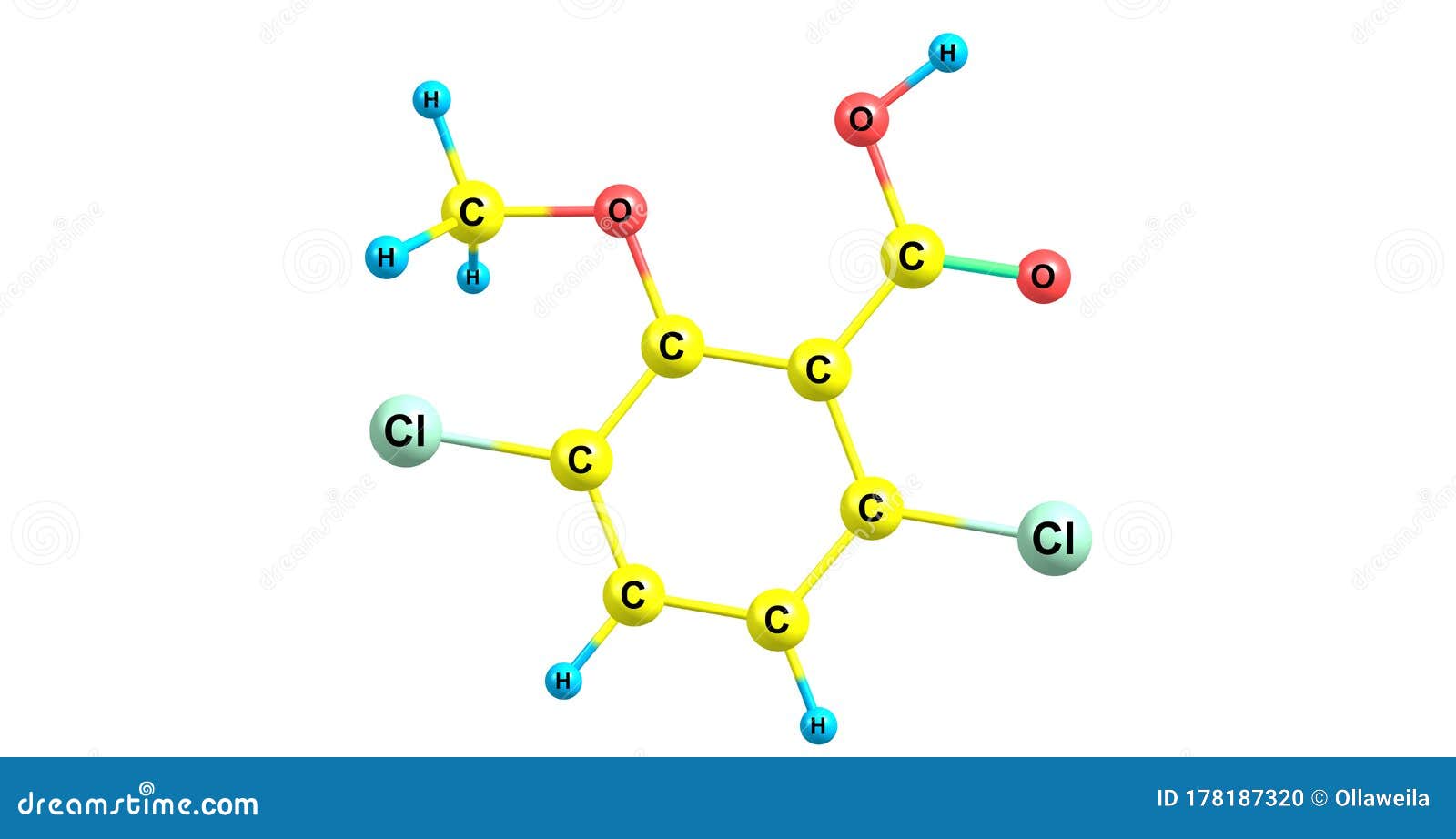 Dicamba C8H6Cl2O3 Molecule. It Is Used As A Herbicide. Skeletal ...