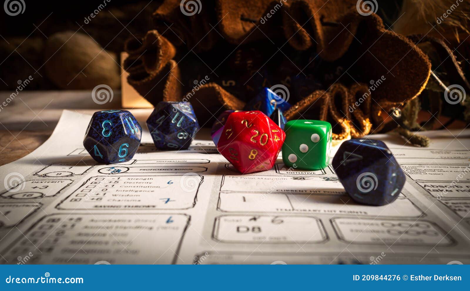 Dice, Dice Bag and Character Sheet Stock Photo - Image of gaming ...