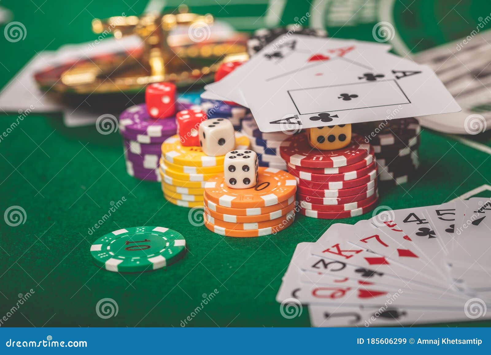 Dice on Casino Gamble Table. Poker Chips and Banknotes on Table in ...