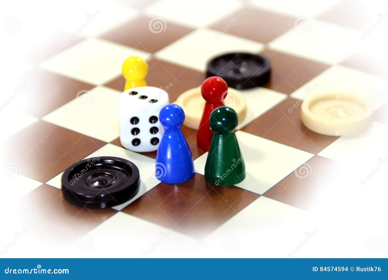 Dice, Chips and Checkers on a Checkerboard Background. Stock Photo ...