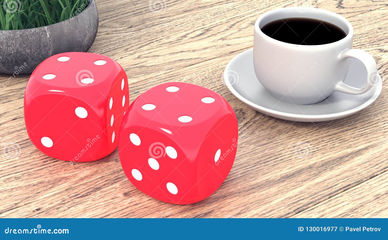 Dice and a Cup of Coffee on a Wooden Table. 3d Render Stock ...