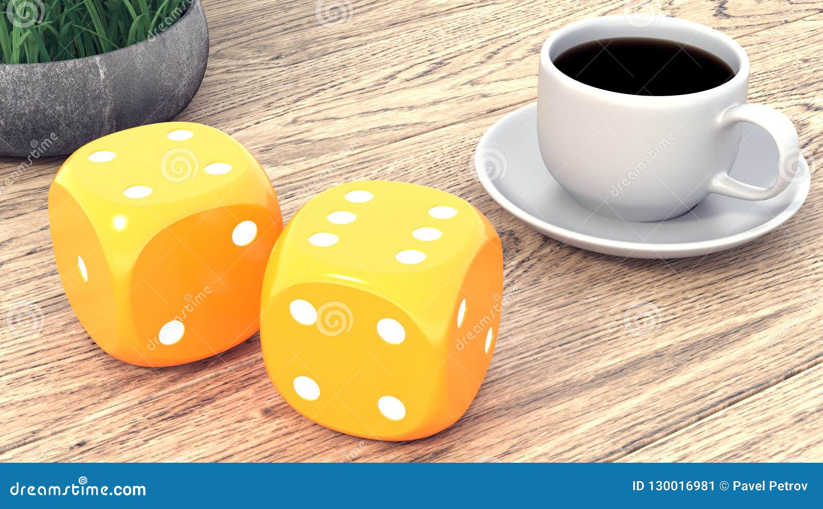 Dice and a Cup of Coffee on a Wooden Table. 3d Render Stock ...