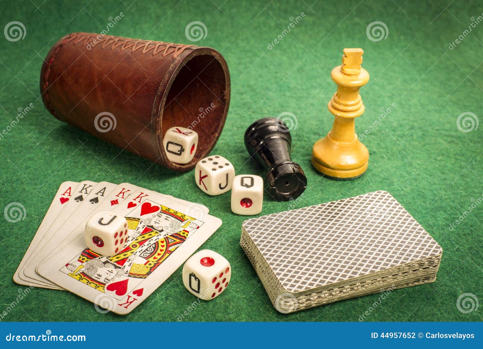 Dice Cup with Deck Cards and Chess Pieces Stock Photo - Image of ...