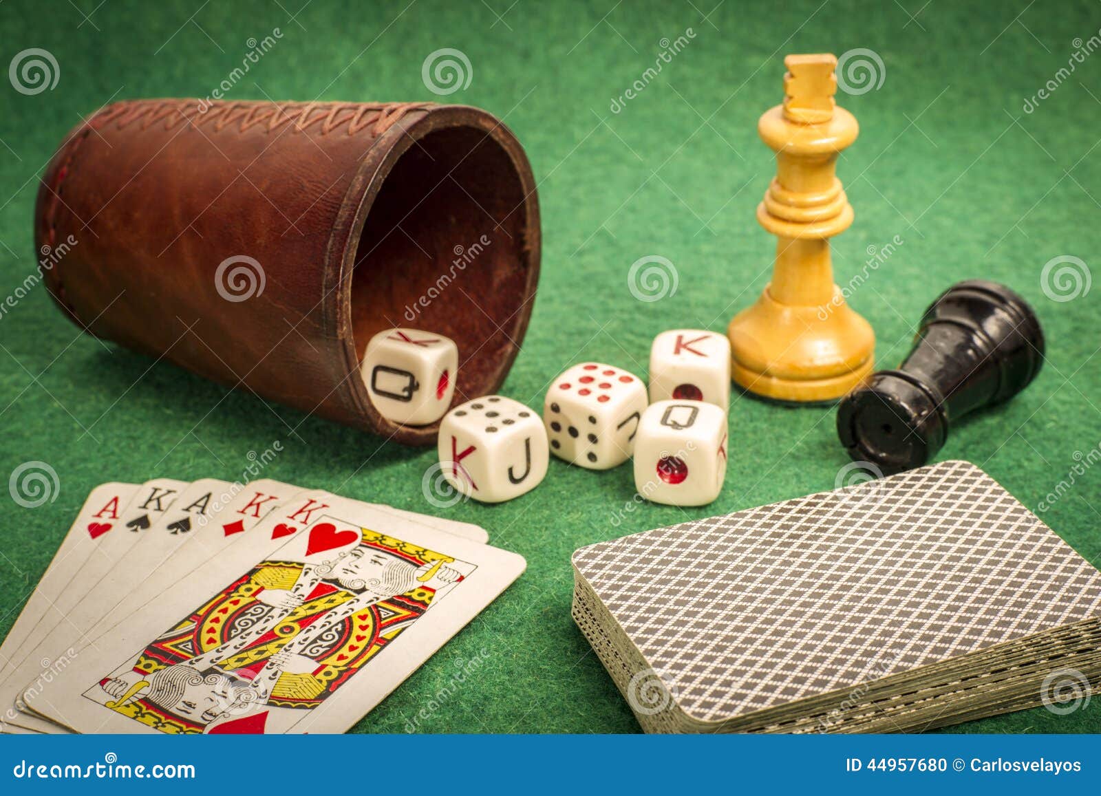Dice Cup with Deck Cards and Chess Pieces Stock Photo - Image of ...