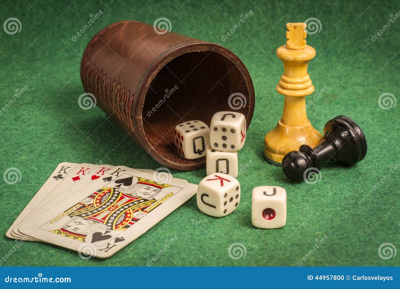 Dice Cup with Deck Cards and Chess Pieces Stock Photo - Image of dices ...