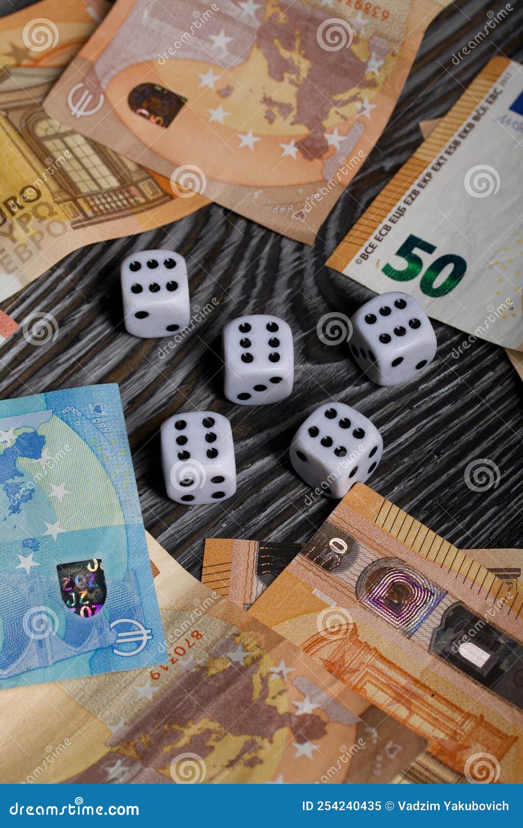Dice among Dollar and Euro Banknotes. Multicurrency Savings Stock Image ...