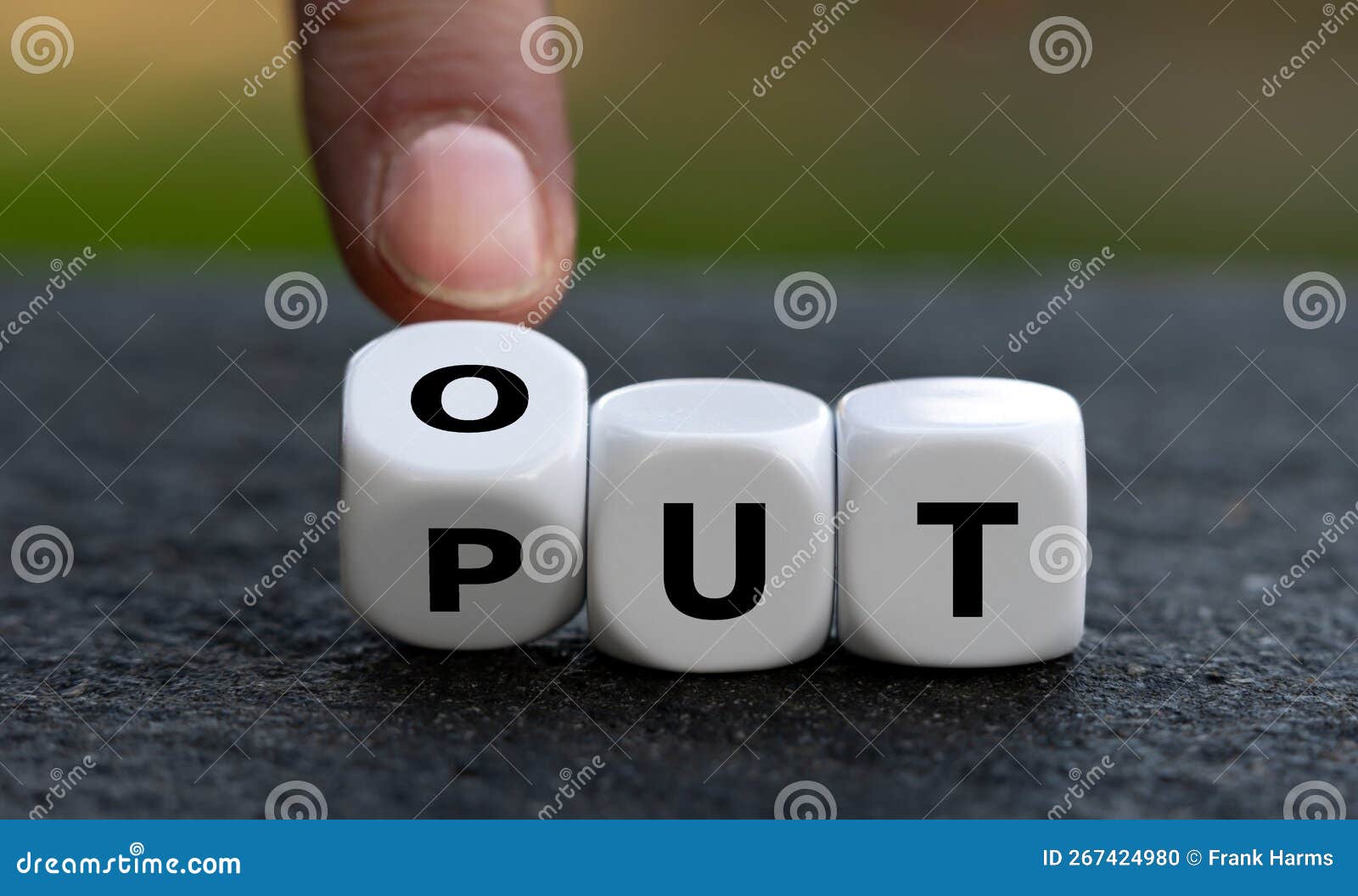 Dice form the word output. stock photo. Image of business - 267424980