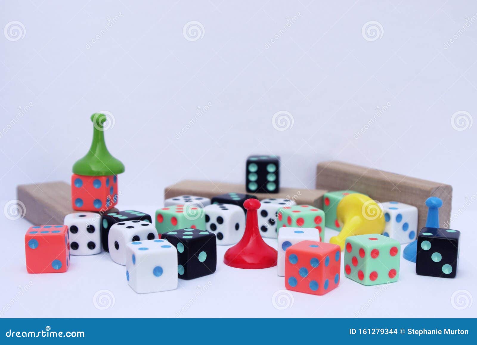 Dice, Movers and Pieces of Games on White Stock Photo - Image of copy ...