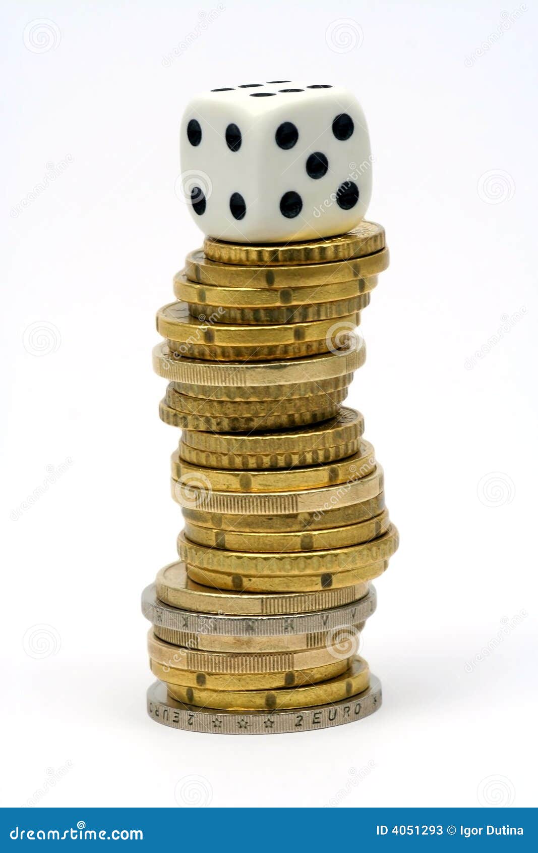 Dice on pile of coins stock image. Image of bank, market - 4051293