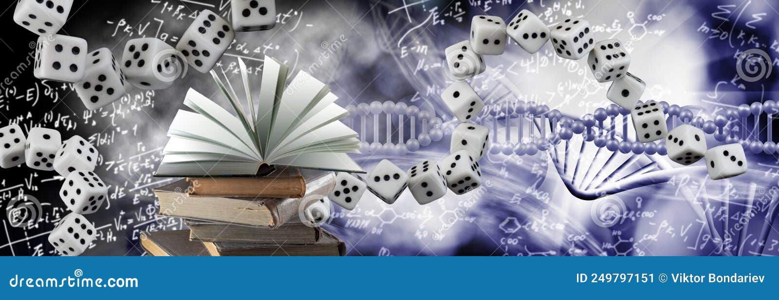 Dice Placed in the Form of a Continuous Chain. an Open Book Lies on a ...