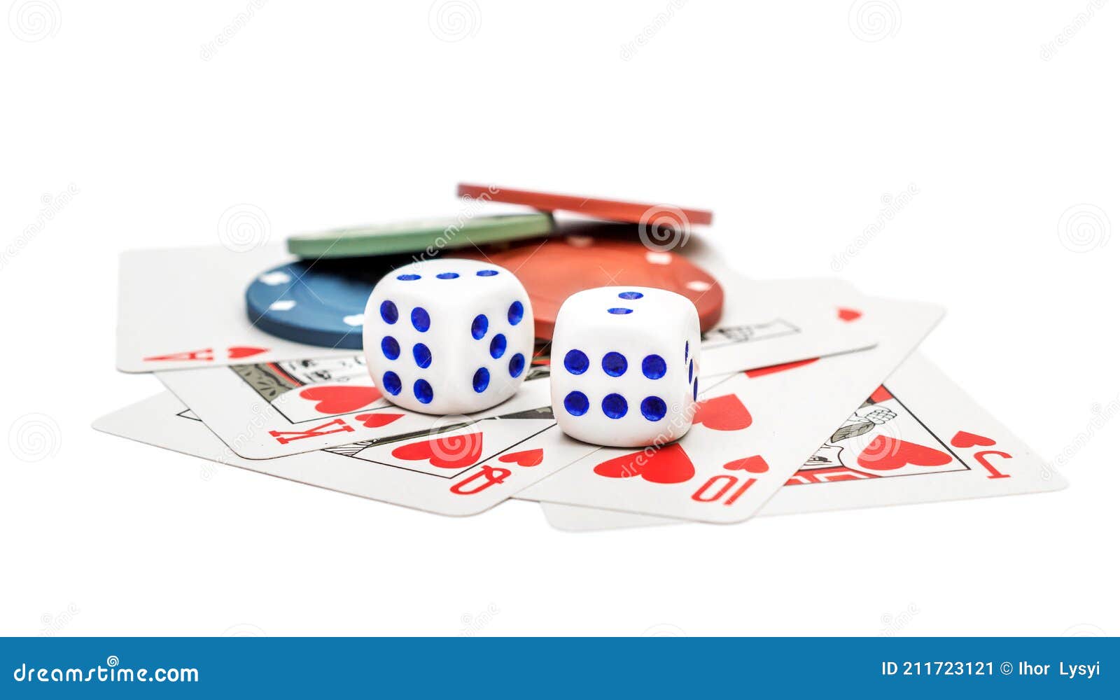 Dice, Poker Chips and Playing Cards on White Stock Image - Image of ...