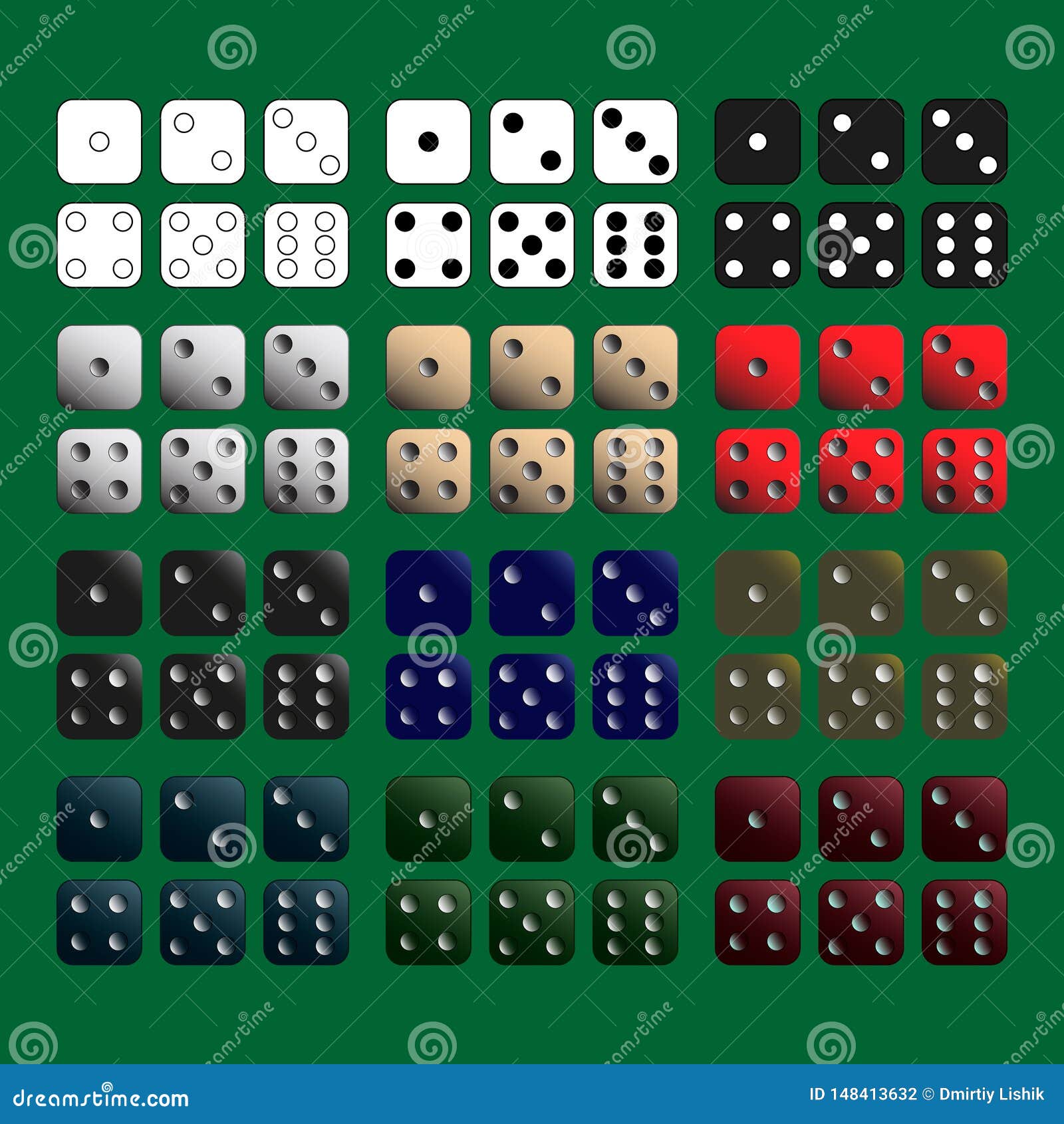 Dice Set. Different Colors and Graphics Performance Stock Vector ...