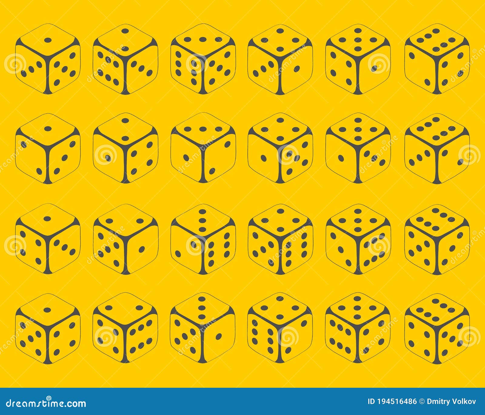 Dice. Set of Dice Icons on a Yellow Background in Isometric ...