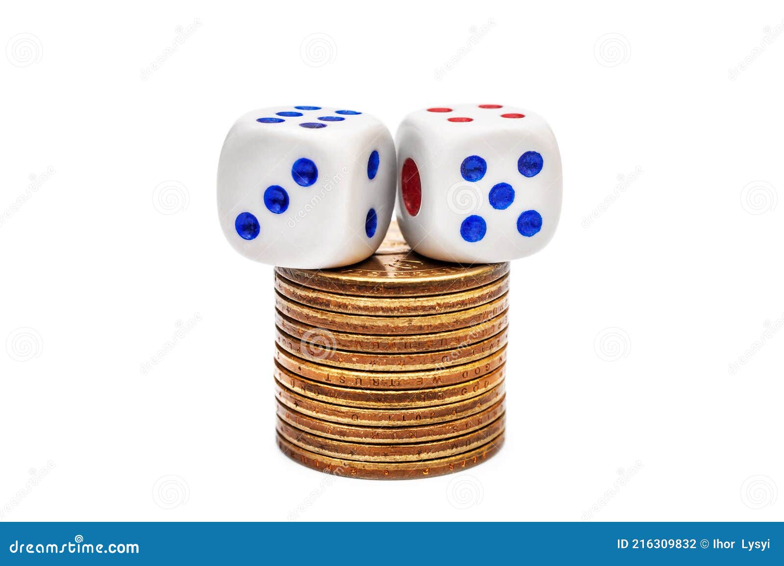 Dice on Stack of Golden Coins. Isolated on White Stock Photo - Image of ...
