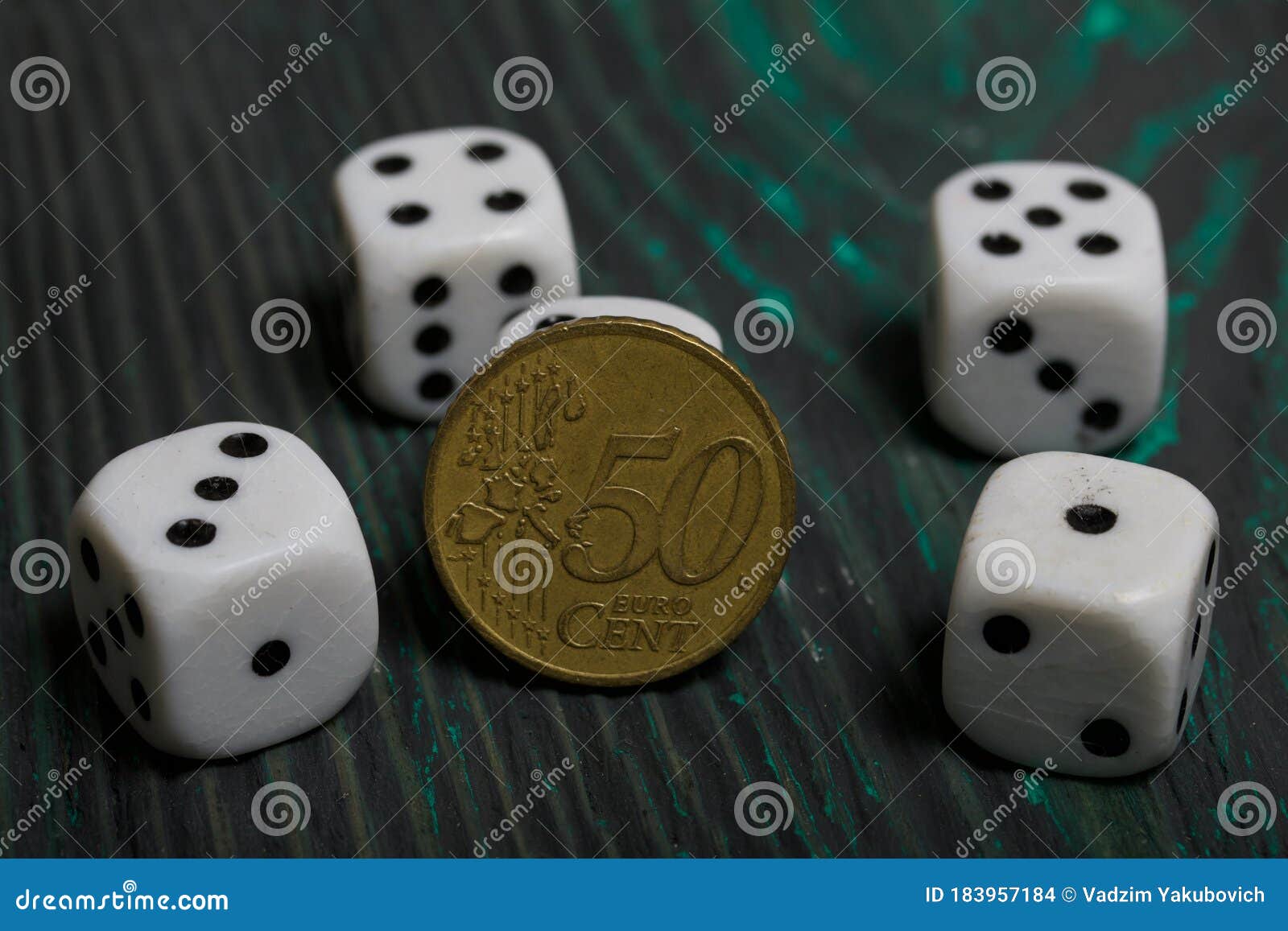 Dice in White with Black Dots and a Coin. on Brushed Pine Boards Stock ...