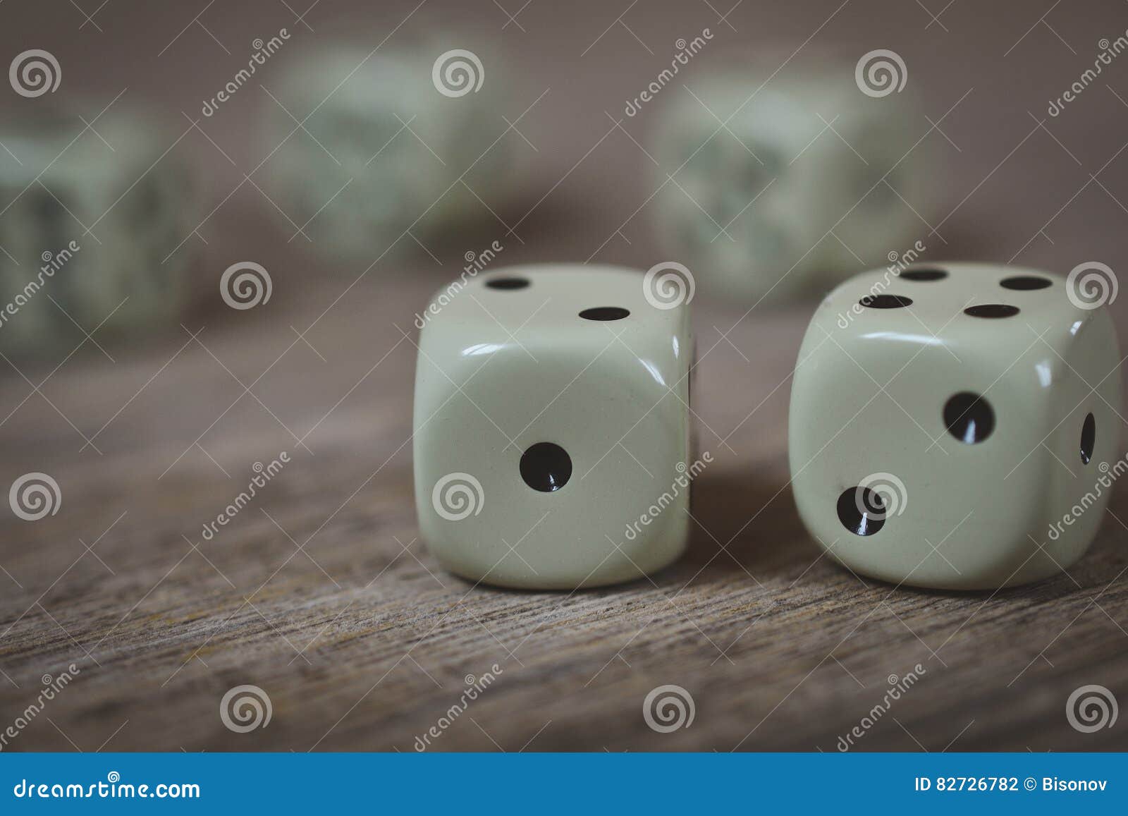 Dice on a wooden desk stock photo. Image of lose, rolling - 82726782