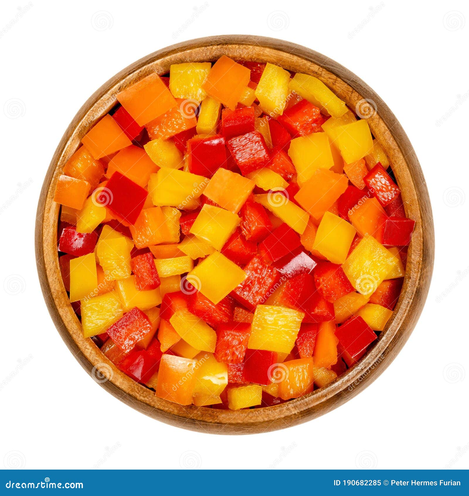 Diced Peppers, Cut Sweet Pepper in a Wooden Bowl Stock Image - Image of ...
